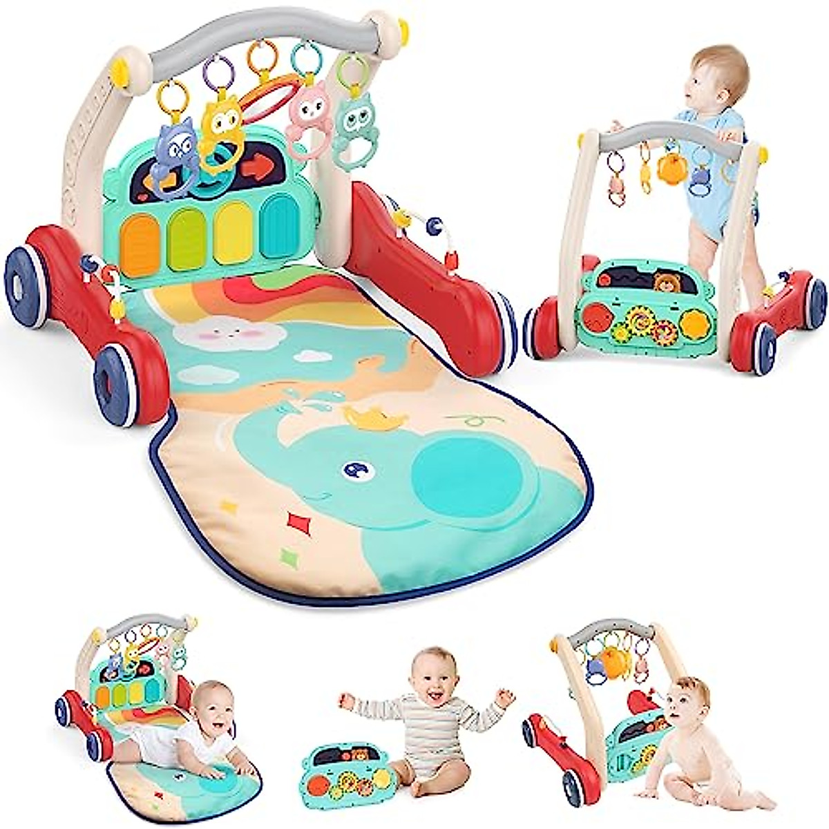 2 in 1 Baby Walker & Gym Play Mat,Sit-to-Stand Learning Walker, Baby Activity Mat with Play Piano, Early Educational Child Activity Center Tummy Time Mat for Infant Newborn Toddlers Boys Girls