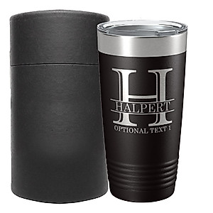 Personalized 20oz (17 Colors) Powder Coated Insulated Stainless Steel Tumbler with Lid, Custom Etched, Customized Engraved Gift Idea for Women Men Her Him, Halpert Monogram Initial Name (Black)