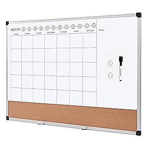 Amazon Basics Monthly Calendar Whiteboard Dry Erase and Cork Board, Silver Aluminium Frame, 24 x 36 Inches