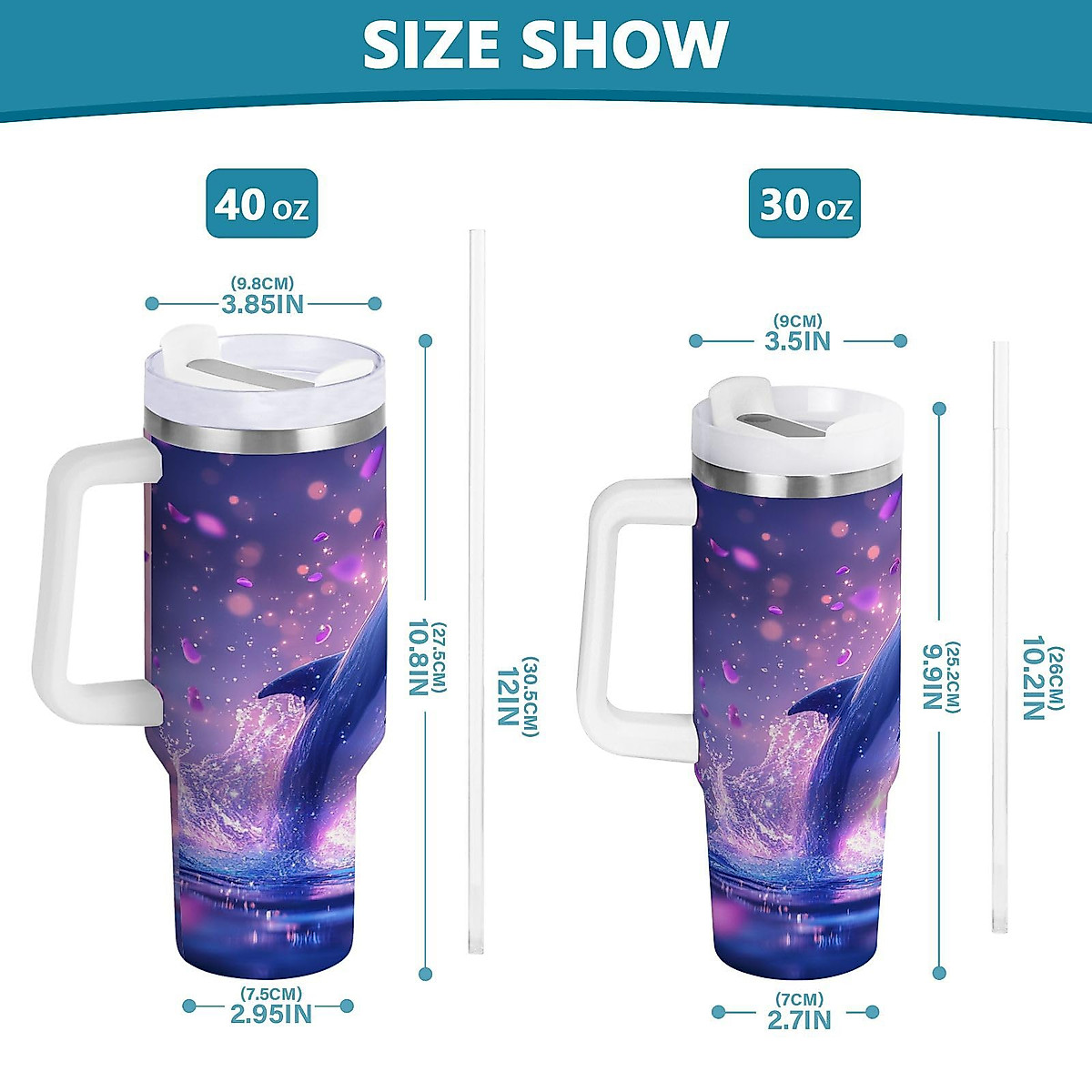 Slewiaeky Skinny Rose Flower 40 oz Tumbler with Handle Straw and Lid Dolphin Stainless Steel Vacuum Insulated Reusable Water Bottle Glasses Travel Mug Thermal Cup for Home Office Car