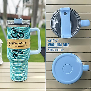 Cupcupmore 40oz Print Bling Rhinestone Stainless Steel Sippy Tumbler Glitter Vacuum Insulated Water Bottle with Straw & Lid &Handle,Thermos for Hot & Cold Drinks,Car Cup Holder (Bride Blue, 40 oz)