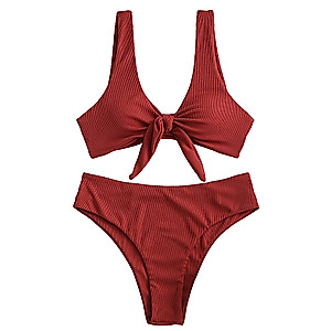 ZAFUL Women Tie Front Bikini Set Ribbed High Cut Two Piece Swimsuit Bathing Suit (0-Red, L)