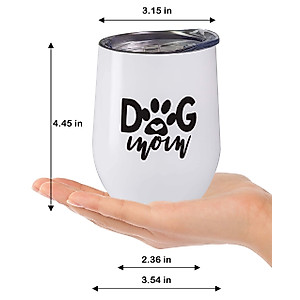 Fancyfams - Dog Mom - 12 oz Stainless Steel Stemless Wine Tumbler with Lid and Straw (Dog Mom - White)