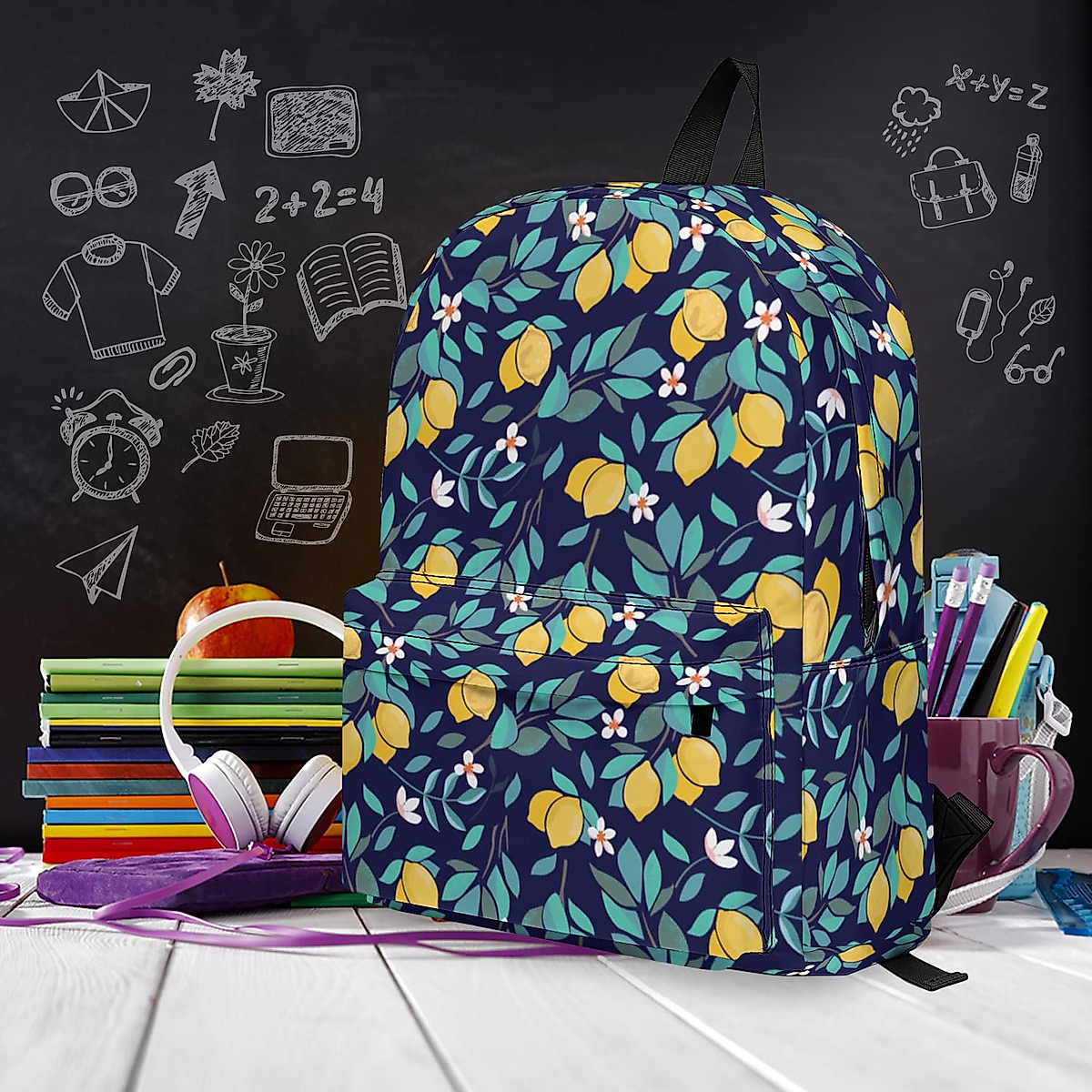 Classic Lemon School Backpack for Teens Girls Students, 17 Inch Lightweight Middle School Bookbags, Casual Daypack with 15 Inch Laptop Compartment for College, Office or Travel, Black