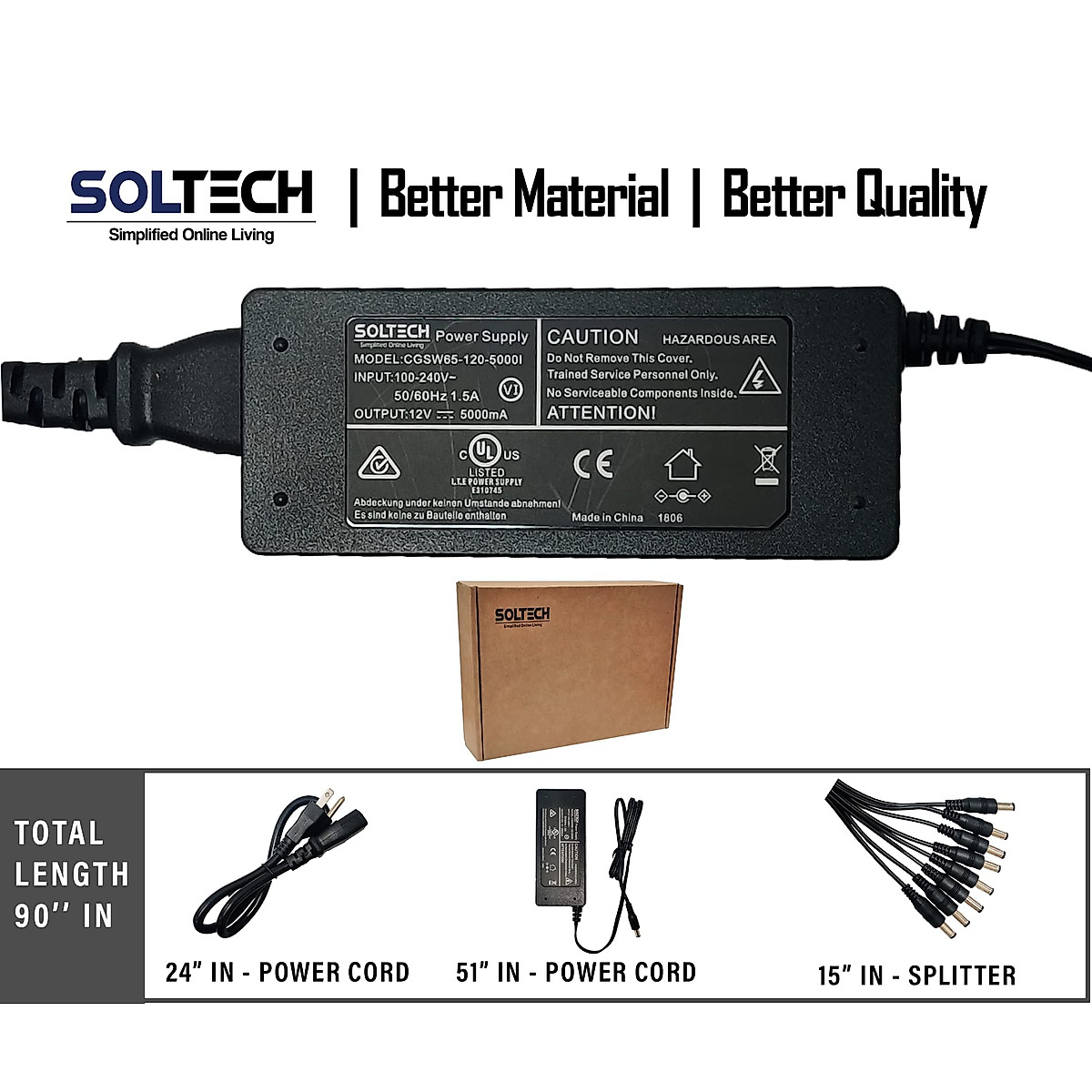 [UL Listed] SOLTECH 12V 5A 60W CCTV Security Camera Power Supply AC DC Adapter with 8-Way Power Splitter Compatible with Samsung Wisenet Lorex, Night Owl, Defender Q-See Swann