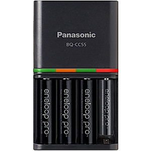 Eneloop Panasonic BK-3HCCA4BA pro AA High Capacity Ni-MH Pre-Charged Rechargeable Batteries, 4 Pack, Black & BQ-CC55KSBHA Advanced pro Rechargeable Battery 4 Hour Quick Charger, Black