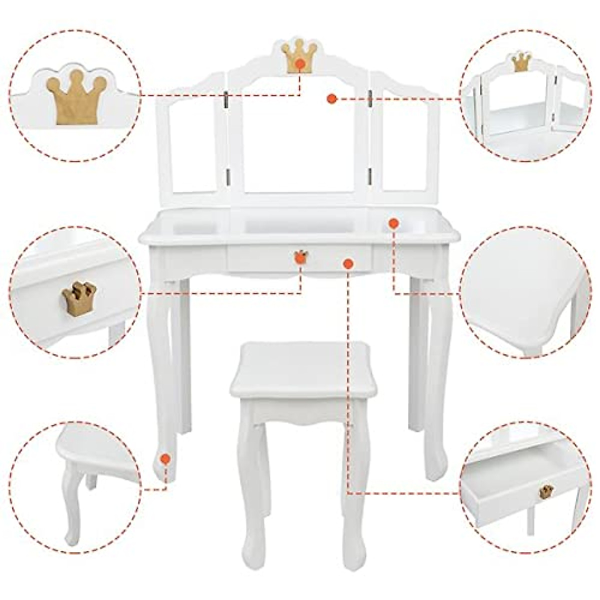 Children's Princess Dressing Table,Princess Dressing Table with Drawers and Tri-fold Mirror,Children's Dressing Table with Chair Set, Detachable Top Study Table,White
