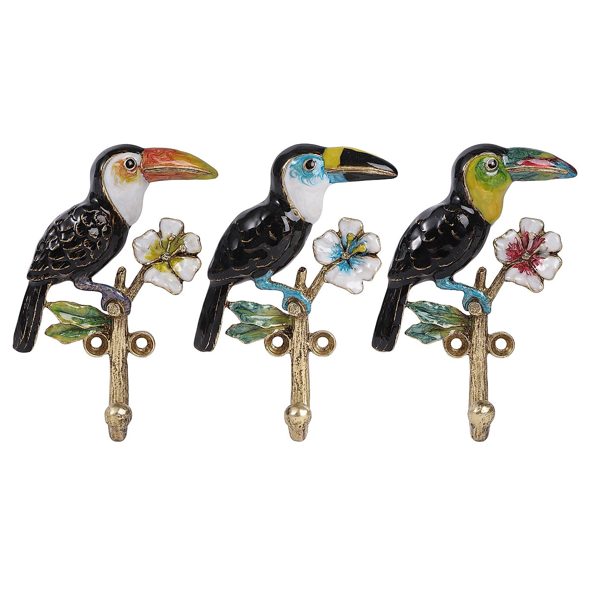 SOFFEE DESIGN Set of 3 Metal Single Hooks 3D Toucans Design, Bright Coating Ornate Style for Hanging Coat/Keys/Scarf, Wall Mounted Heavy Duty Hooks Home Decor