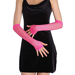 OTPEH Women Fishnet Rhinestone Gloves Fingerless Kids Fish Net Arm Sleeve Warmers 80s Emo Scene Accessories Pink