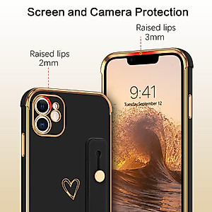 BENTOBEN for iPhone 12 Mini Case, Cute Heart Adjustable Strap Wristband Kickstand Holder Shockproof Protective Soft TPU Luxury Plating Raised Trim Girls Women Phone Case for iPhone 12 Mini, Black