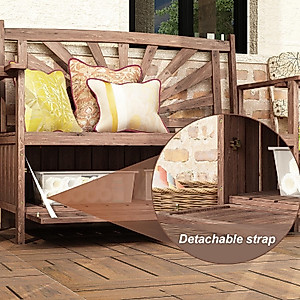 Timechee Outdoor Storage Bench Large Deck Box, 47.2" Patio Wooden Loveseat Benches, Garden Seating Furniture with Cup Holder & Storage Space for Tools for Deck, Porch & Balcony, Brown