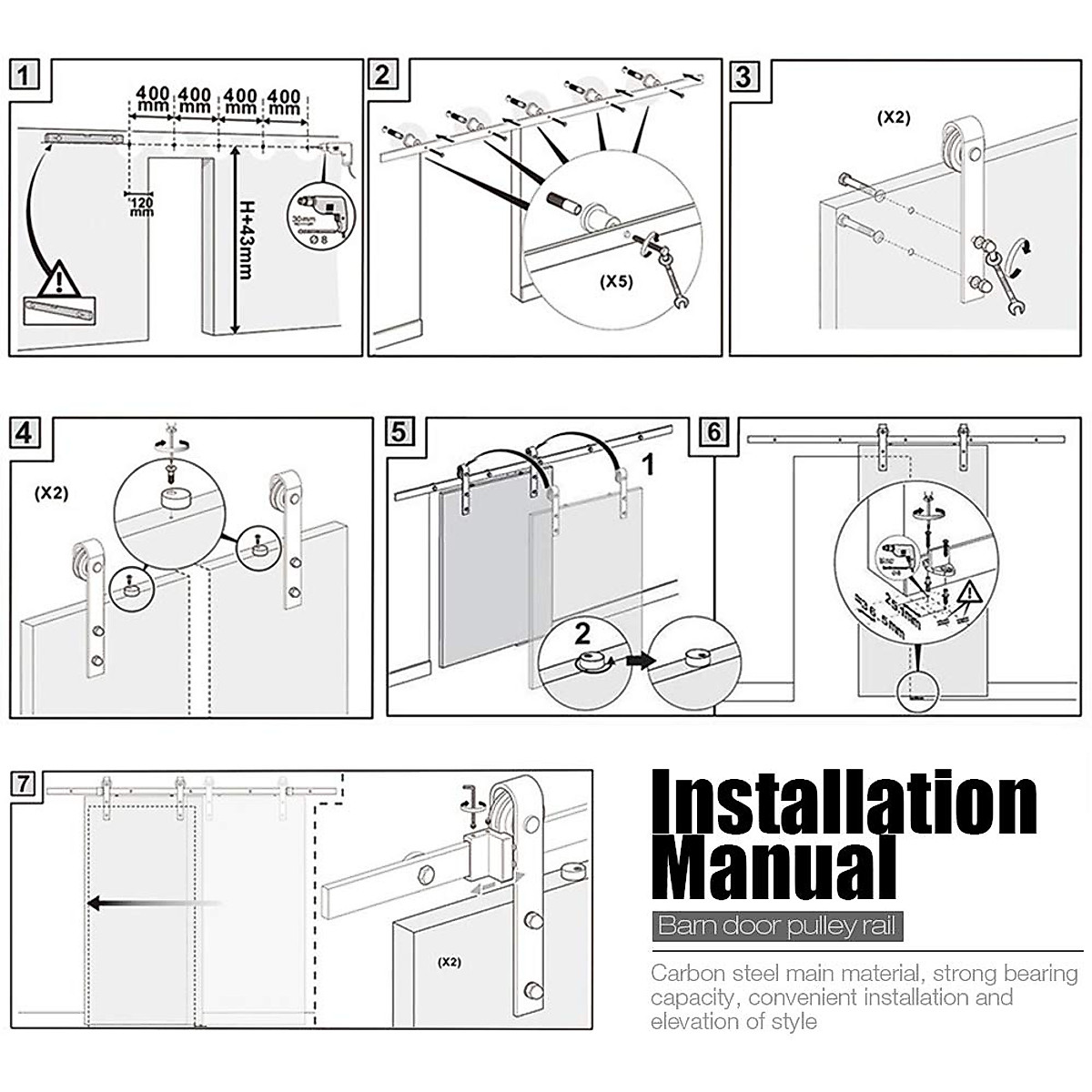 WOHLLEBEN 6.6 Feet Heavy Duty Sliding Barn Door Hardware Kit Easy to Install, Smoothly and Quietly, Sliding Doors Hardware Track Kit Suitable for Bedroom Kitchen (Classic, 78.74 inch)