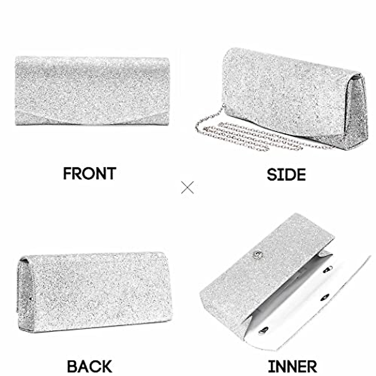 Yokawe Women's Clutch Purse Glitter Evening Bag Prom Party Bride Wedding Handbag (Silver)