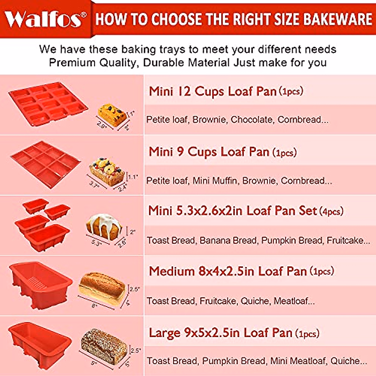 Walfos Silicone Loaf Pan - Non-Stick Silicone Bread Pan, Just PoP Out! Perfect for Bread, Cake, Brownies, Meatloaf, BPA Free & Dishwasher Safe
