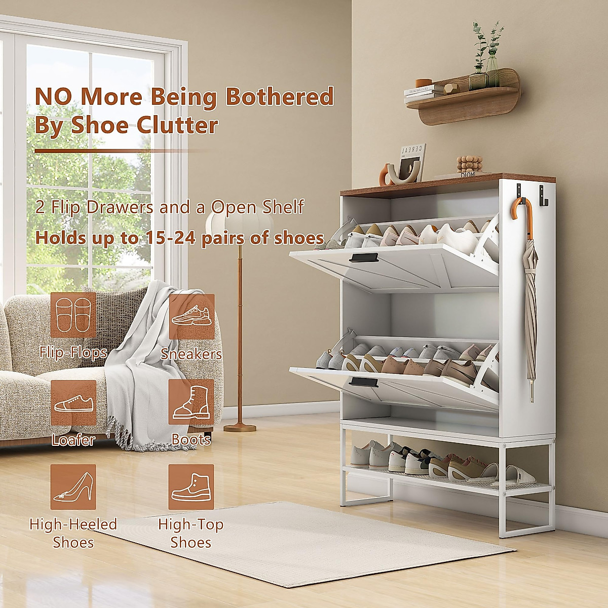 LYNCOHOME Shoe Storage Cabinet with 2 Flip Drawers and Feodorizing Function, Farmhouse Freestanding Shoe Organizer for Entryway/Hallway, Narrow Shoe Rack Cabinet with Steel Legs, White