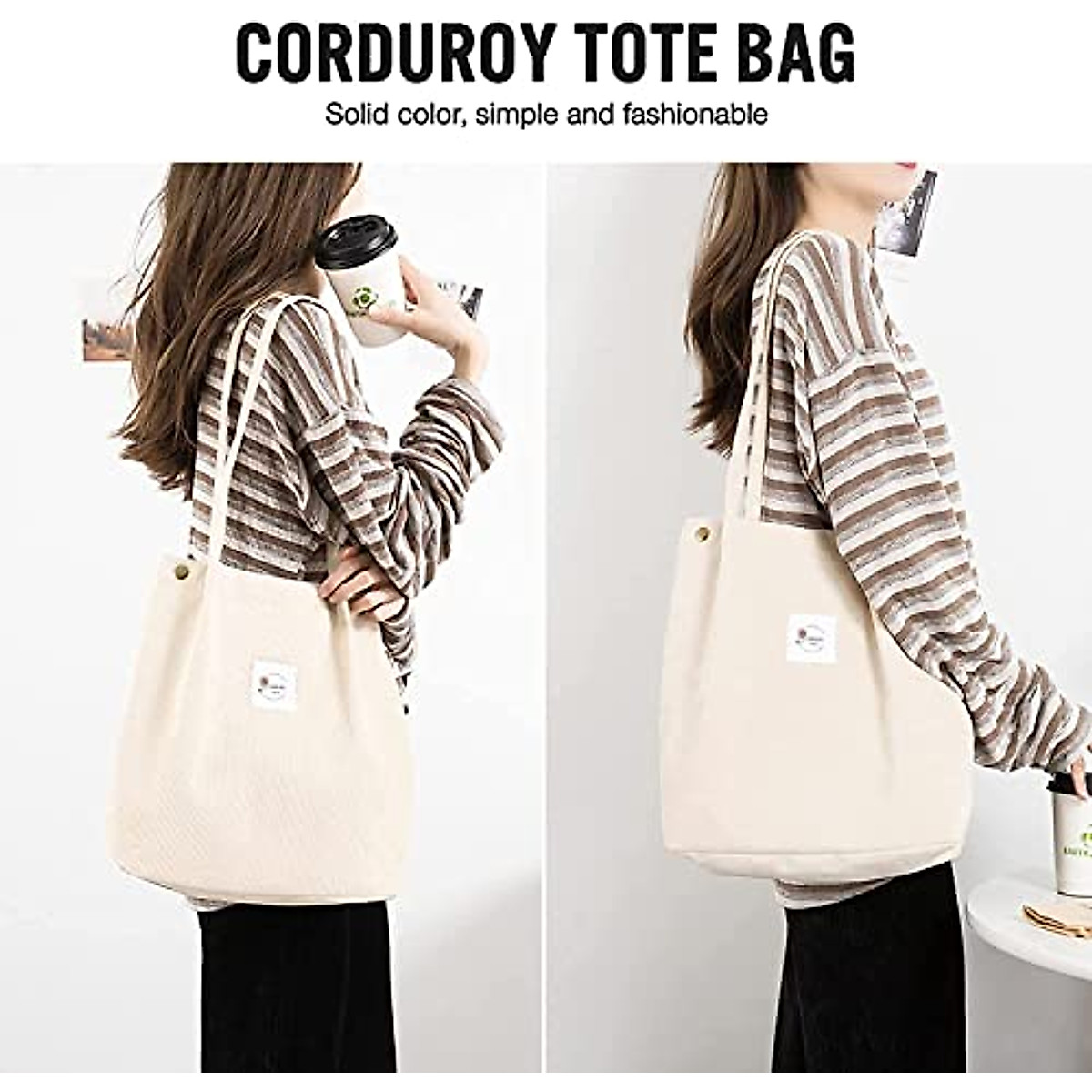 Thicken Corduroy Totes Bag Large Capacity Handbags Shoulder Bags Cord Tote Bag for Women Casual Bag for Work School Daily (Beige-CF)