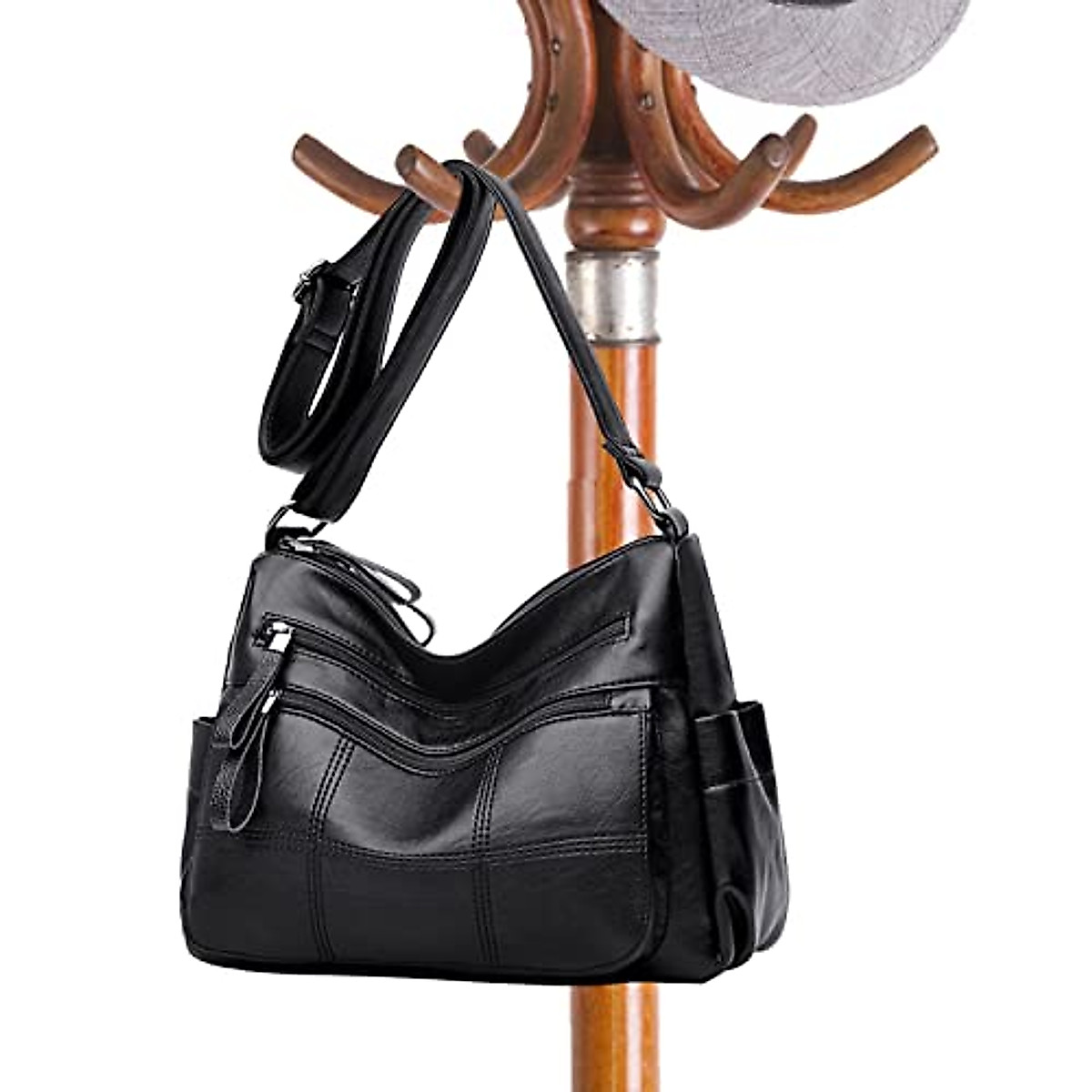 Cross Body Bag - Fashion Soft PU Leather Handbags with Multi Pockets - Large Capacity Shoulder Bags Tote Purses, Black