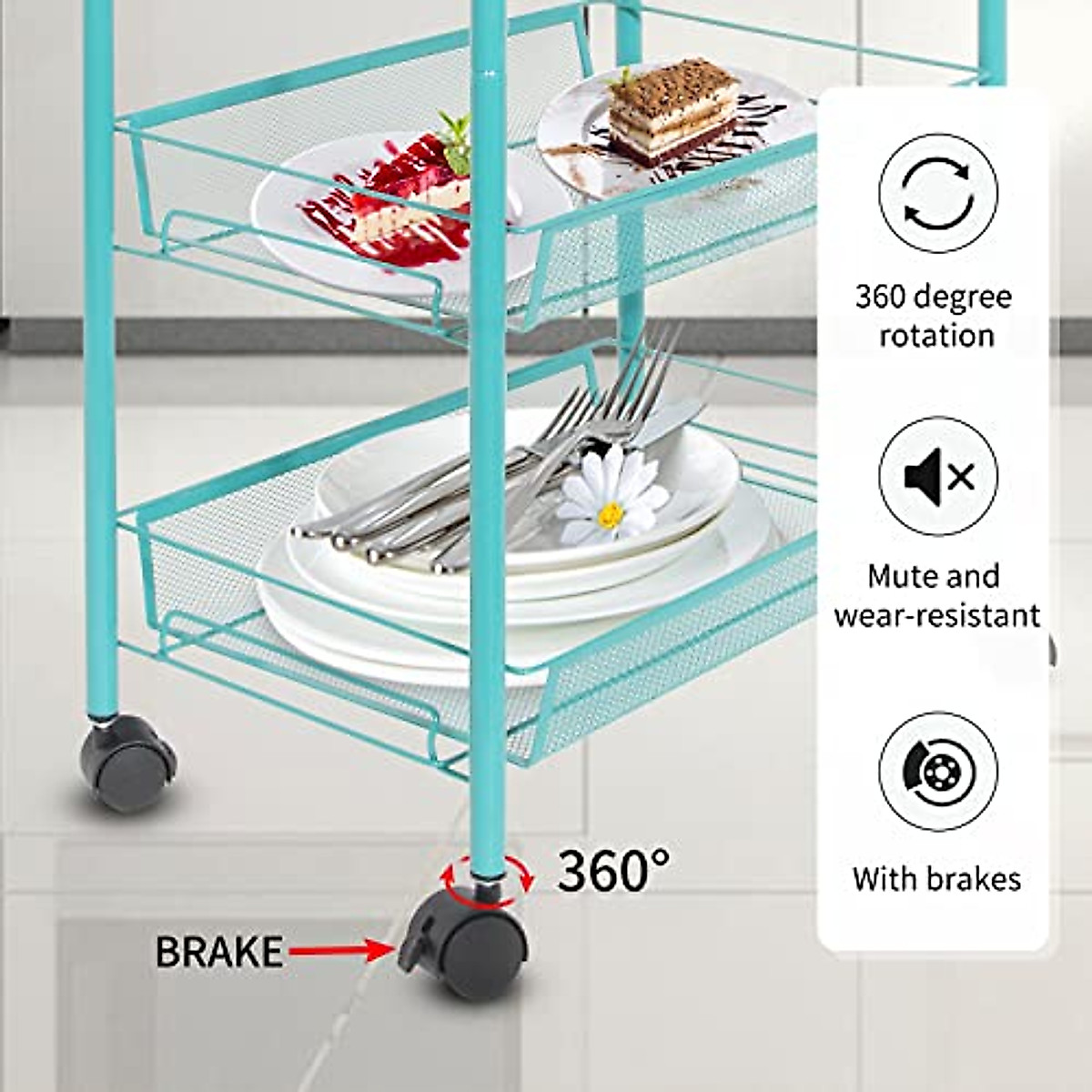 Ruishetop Rolling Push Cart Stand Shelves, Storage Rack with Wheels with Mesh Wire Basket, Multifunction Metal Trolley Organizer for Home, Office, Bedroom, Bathroom, Kitchen (4-Tier Rack Blue)