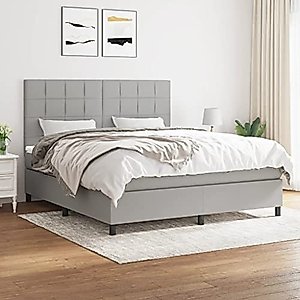 loibinfen King Fabric Box Spring Bed with Mattress Set,Included 1 x Bed Frame/1 x Headboard/1 x Mattress/1 x Mattress Topper, Light Gray with Black Legs(Style C)