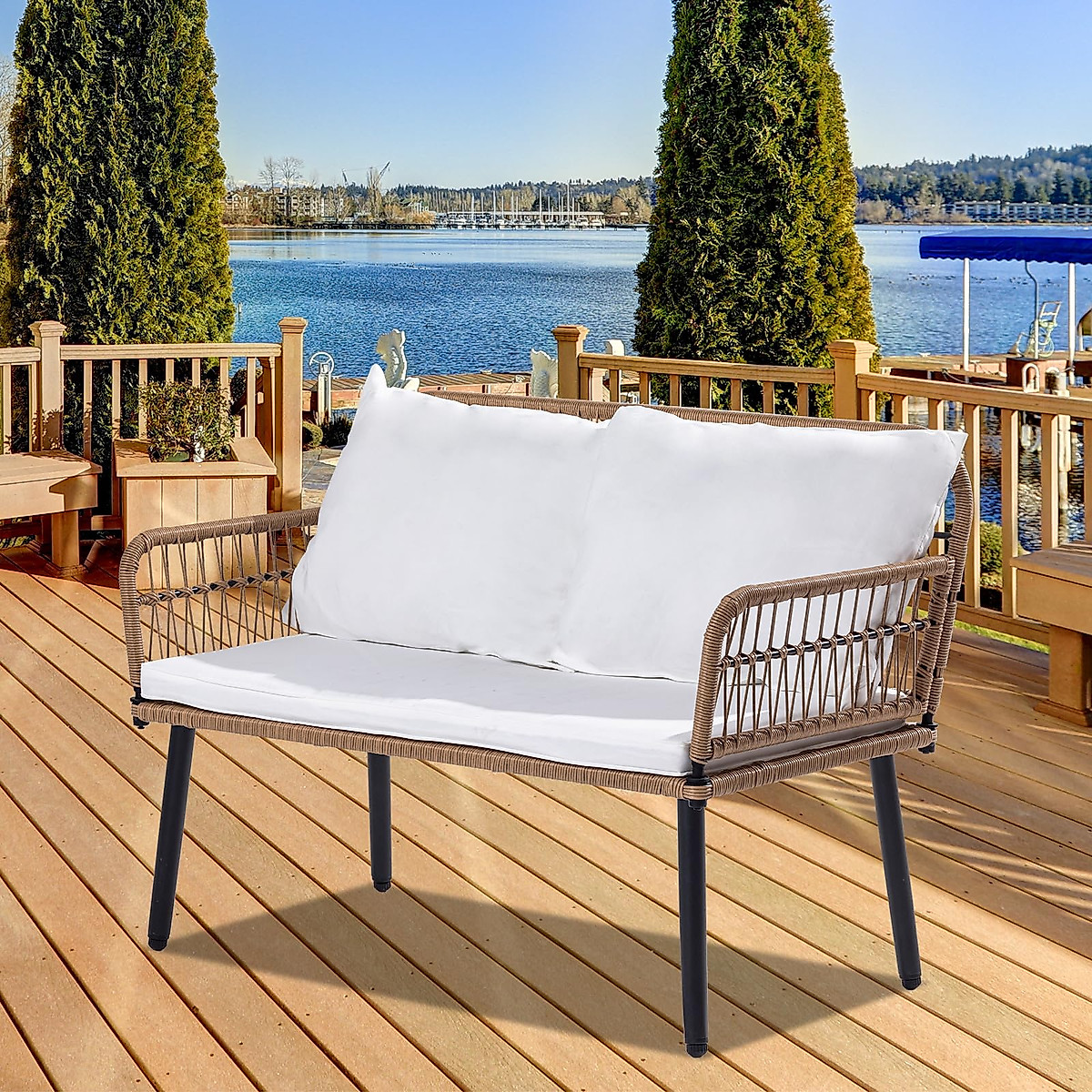 Homsido Outdoor Patio Loveseat, 2-seat Patio Couch All-Weather Wicker Rattan Woven Furniture with Thick Cushion Pillows Boho Small Sofa for Garden Porch, Balcony, Lawn and Terrace