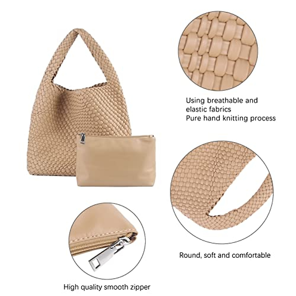 LMKIDS Women Vegan Leather Hand-Woven Tote Handbag Fashion Shoulder Top-handle Bag All-Match Underarm Bag with Purse (Khaki)