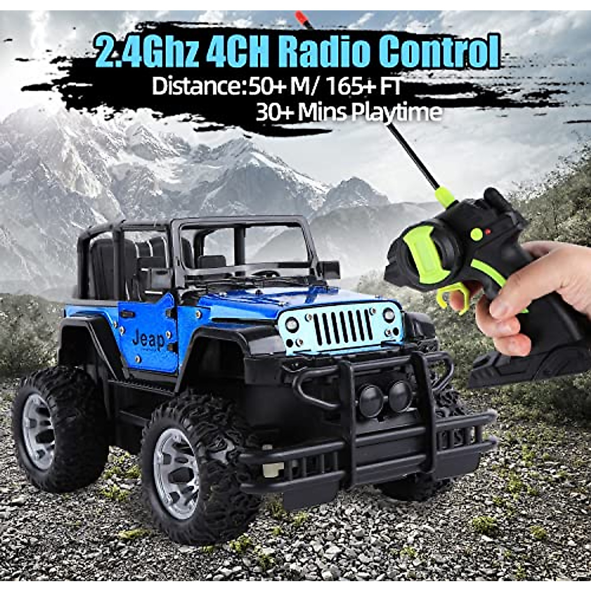 onthego RC Truck Jeep, 4WD Off-Road Remote Control Car SUV with Light, Metal Racing Vehicle Toy Car with Spring Suspension/Door Open/Storage Case for Kids Boys(Blue)