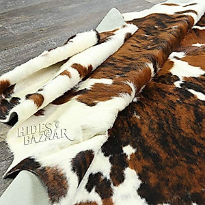 HIDES BAZAAR Light-Tricolor Cowhide Rug, White, Brown and Black Color Mix, Natural Leather Hide, Area Rug (5x7ft)