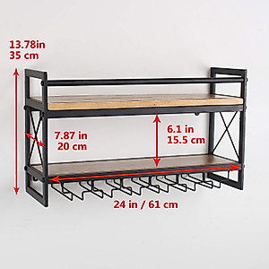 OISSIO Industrial Stemware Rack Wall Mounted,Wine Rack with Wood Shelves,2 Tier Stemware Storage with 6 Stem Glass Holder for Wine Glasses,Mugs,Home Decor,Black(24 inch)