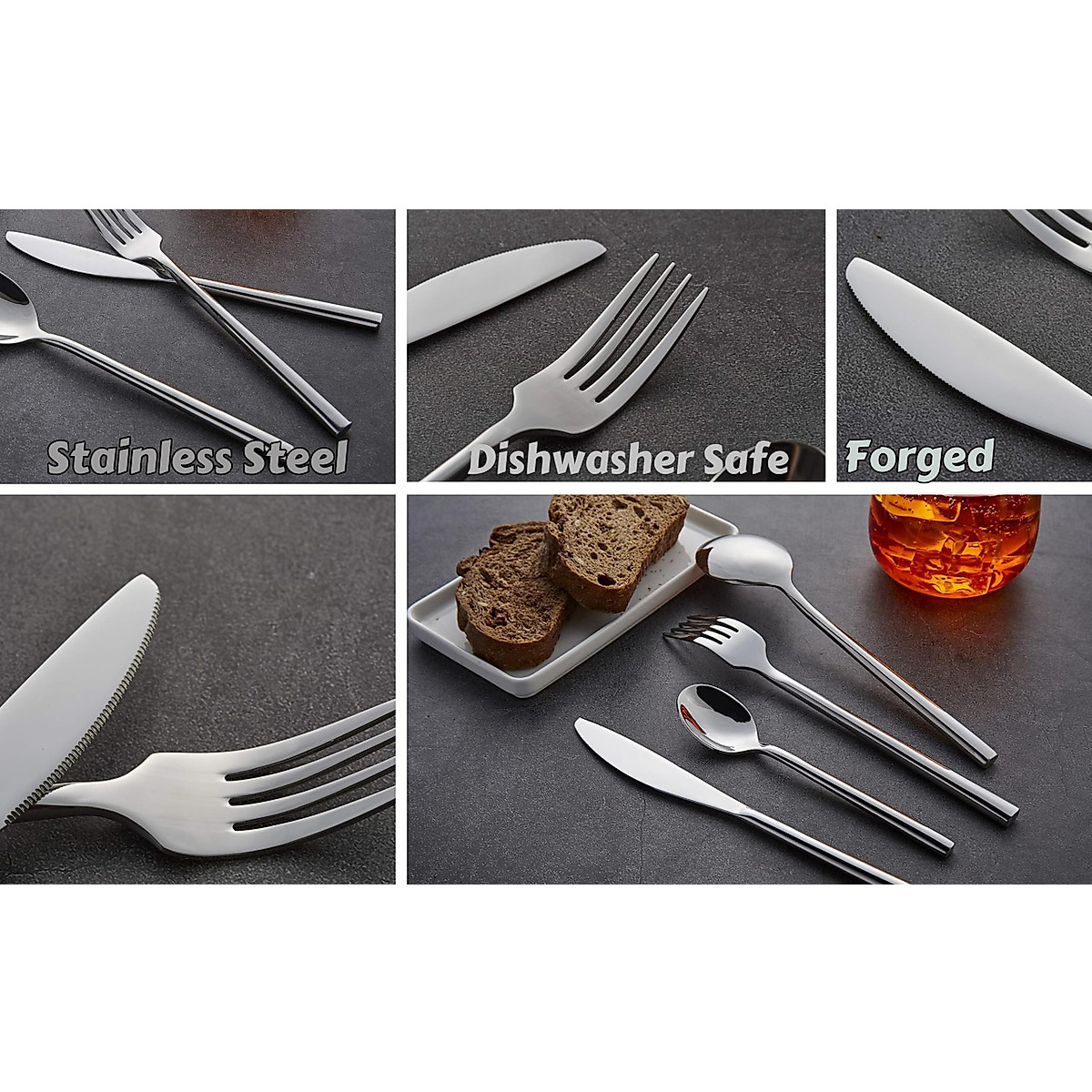 Exzact Silverware 24pcs Flatware Forged Stainless Steel - 6 x Forks, 6 x Table Knives, 6 x Tablespoons, 6 x Teaspoons - Service for 6 (24 pcs Hand Forged)