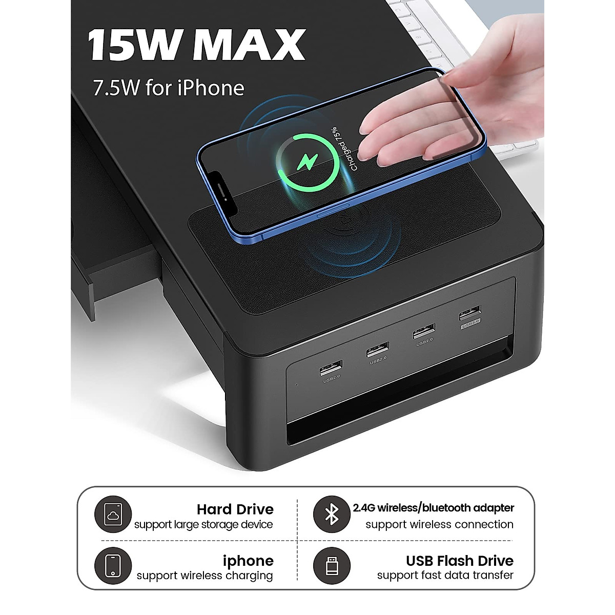 meatanty Dual Monitor Stand Riser with 2 Drawers,4 USB Ports and Charging Pad,Metal Monitor Stand for 2 Monitors Supports Transfer Data and Charging,Desk Organizer for PC,iMac(38.7 inches)