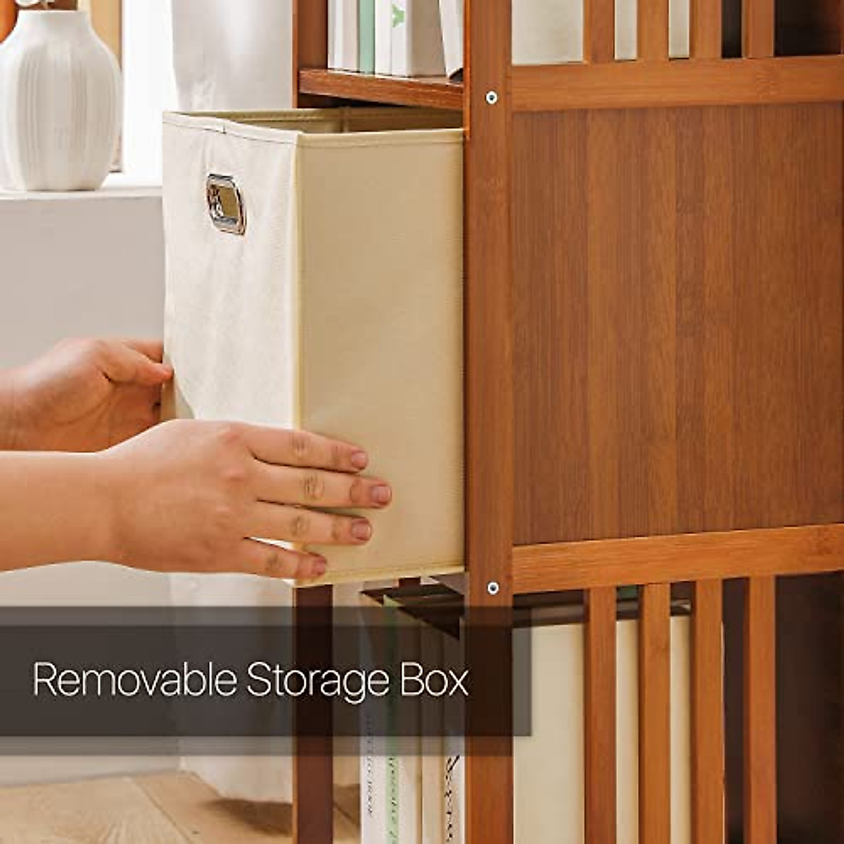 MoNiBloom 4 Tier Bookcase with Removable Storage Box, Bamboo Freestanding Ventilated Bookshelf Display Shelf for Office Living Room Bedroom Kitchen, Brown