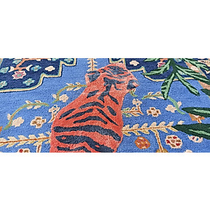 Bengal Tiger Animal Print Wool Area Rug Handmade Featuring Symmetrical Palm Leaves Design - Ideal for Living Room Bedroom Kids Room & Office (Red, 6'x9')
