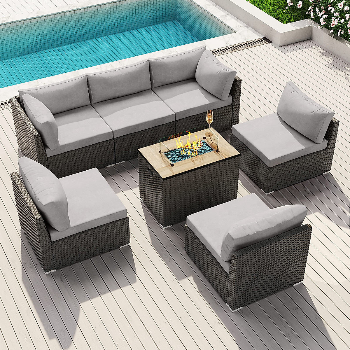 MODENZI Patio Furniture Outdoor Sectional with Propane Fire Pit Table Espresso Brown Wicker Resin Garden Conversation Sofa Set (Light Grey)
