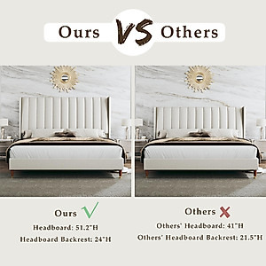 HUAHUU Queen Bed Frame with Headboard, Beige Upholstered Bed Frame Queen with Vertical Channel Tall Wingback Headboard, Wooden Slats Support, No Box Spring Needed, No-Noise, Easy Assembly