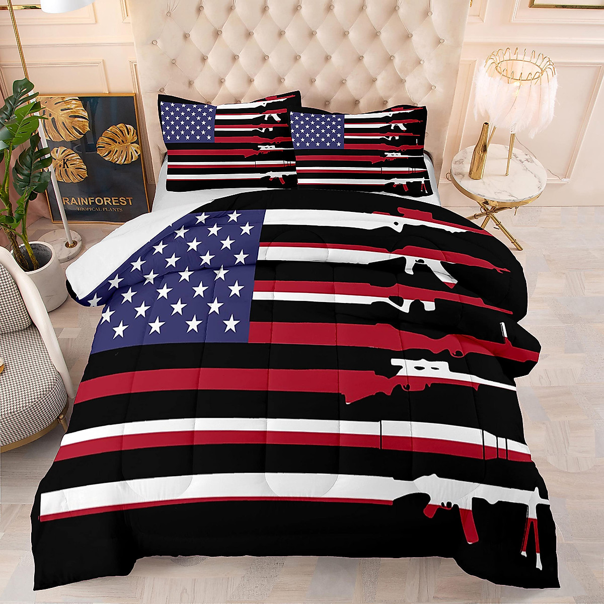 Bodhi Twin Boys Comforter,American Flag Comforter,Kids Bedding Set for Boys,Black and Red Army Comforter Set with Matching Pillowcase,Gun Comforter Bedding Set.