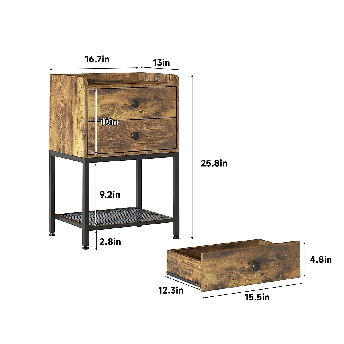 HOSEOKA Nightstand with Charge Station and USB Ports, Modern Bedside Table with 2 Drawers & Storage Shelves, Wooden Accent Night Stand with Metal Frame, Vintage End Table for Bedroom, Brown