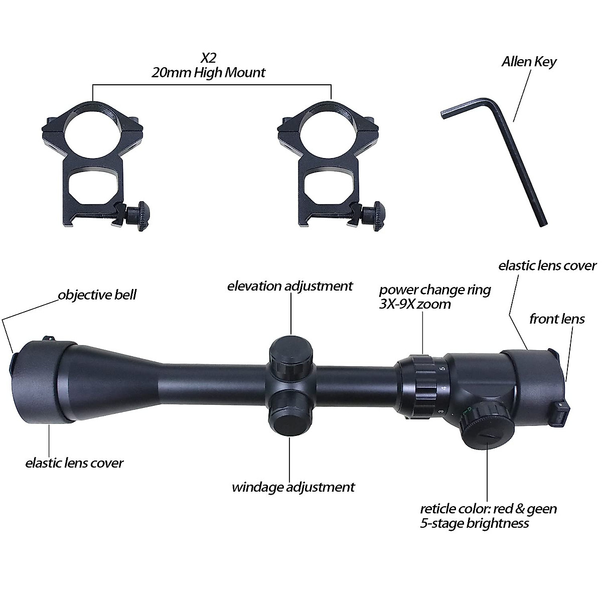 Sutekus Tactical Scope 3-9x40 Rangefinder Red & Green Illuminated Optics Reticle Crosshair Scope with 0.79"(20mm) Free Mounts
