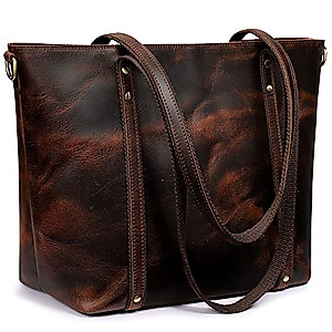 S-ZONE Genuine Leather Tote Bag for Women Vintage Shoulder Handbag Purse with Crossbody Strap Medium
