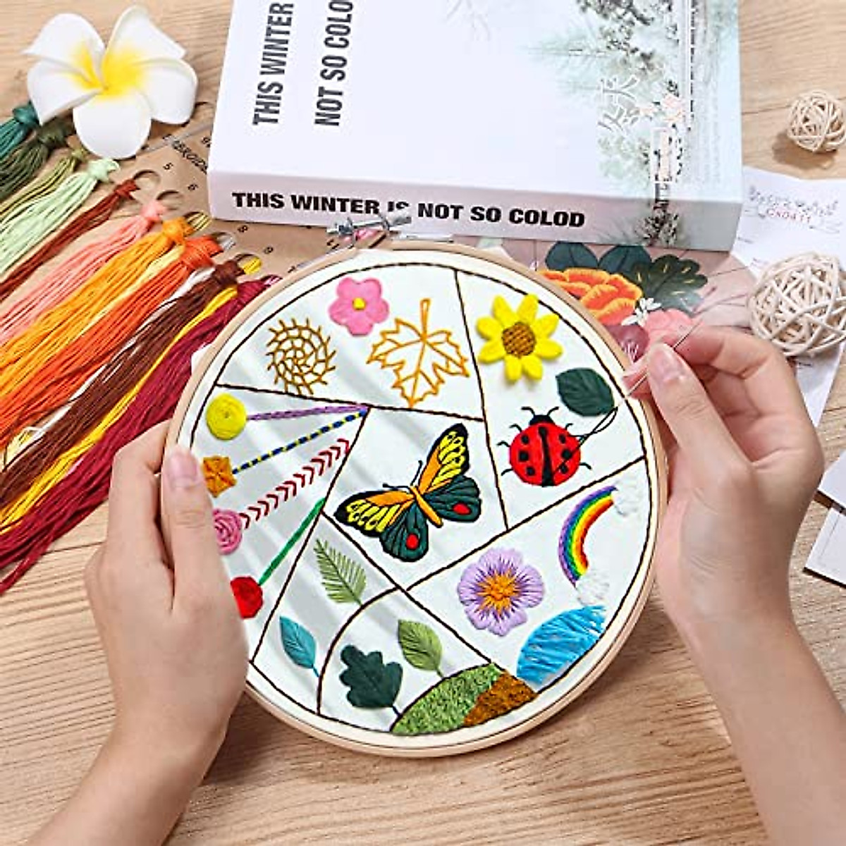 FOXTSPORT 4 Set Embroidery Starter Kit for Beginners,Stamped Embroidery Kits with Pattern and Instructions,Hand Embroidery Starter Kit Embroidery Hoops and Color Threads (Underwater World)