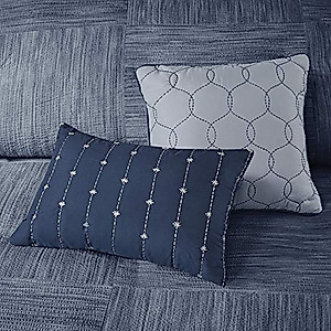 Madison Park Walter Comforter-Luxe Seersucker Print Design All Season Down Alternative Bedding, Matching Shams, Bedskirt, Decorative Pillows, California King (104 in x 92 in), Navy