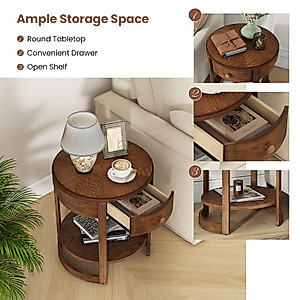 Giantex Round Side Table, 2-Tier Retro End Table with Drawer & Shelf, Wooden Accent Table with Antique Wood Grain Finish, Vintage Nightstand for Living Room Bedroom, Walnut