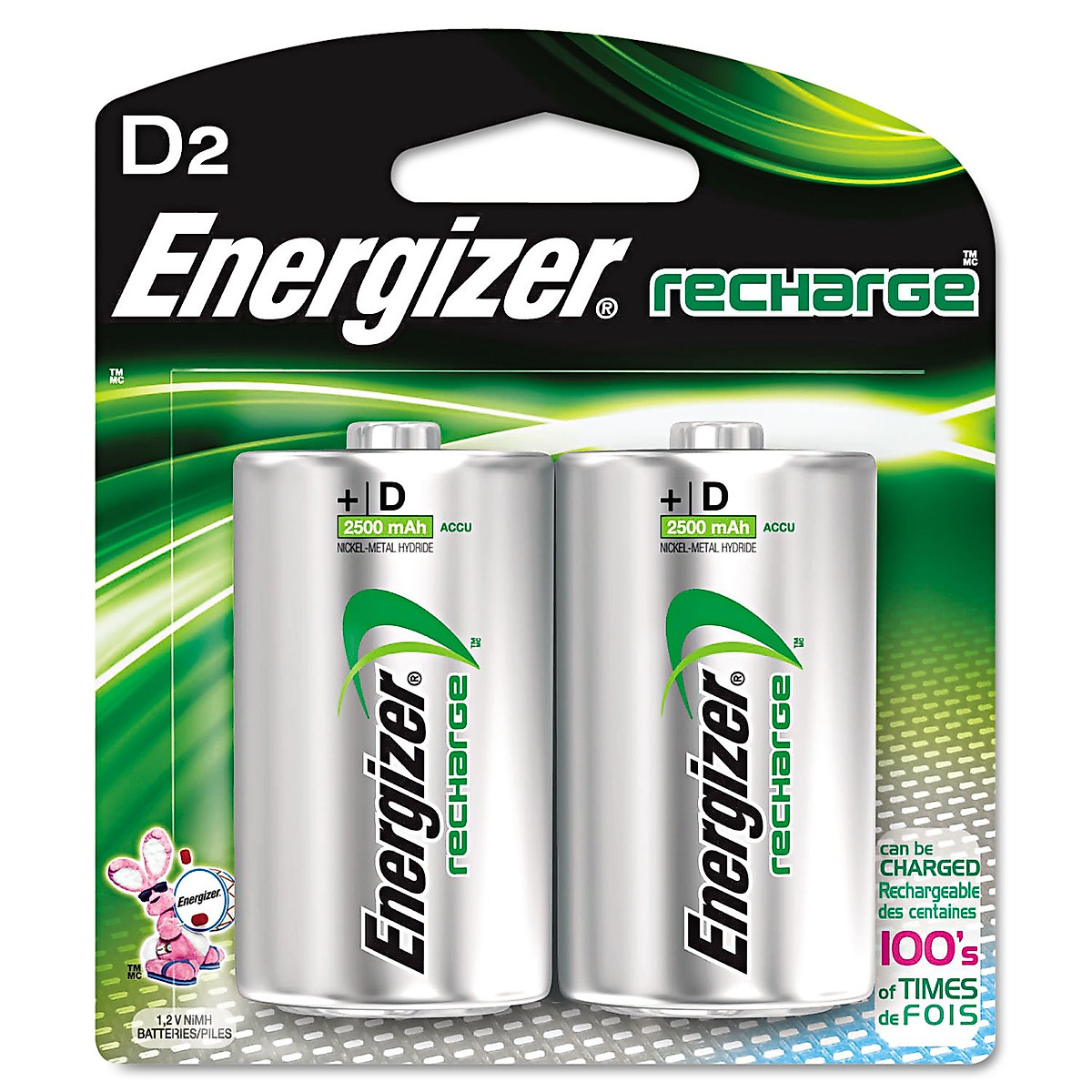 Energizer NH50BP2 NiMH Rechargeable Batteries, D, 2 Batteries/Pack