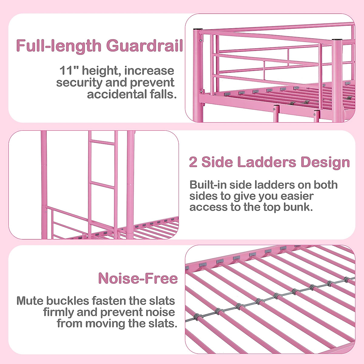 VECELO Metal Bunk Bed Twin Over Twin, Industrial Bunkbeds with Ladder and Full-Length Guardrail, Noise Free, No Boxing Spring Needed, Pink