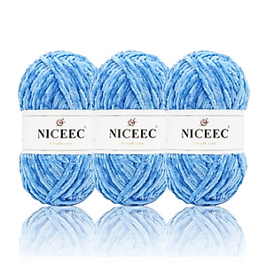 NICEEC 3 Skeins Soft Chenille Yarn Blanket Yarn for Knitting Fancy Yarn for Crochet Weaving DIY Craft Total Length 3×85m (3×93yds, 3×50g)_Blue