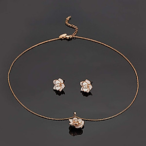 EVEVIC Rose Flower Necklace Earrings Set for Women 18K Gold Plated Jewelry Sets (White)