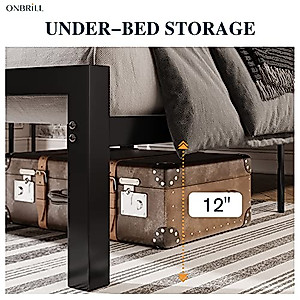 ONBRILL Twin Size Modern Metal Bed Frame with Contemporary Faux Leather and Upholstered Headboard，No Box Spring Needed, Black