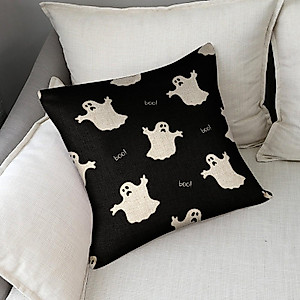 Happy Halloween Cartoon Ghosts Throw Pillow Covers 18×18 Pillowcases Set of 2 Cute Black Linen Decorative Square Pillow Case Cushion Covers Standard Size for Sofa Couch Outdoor Bed Pillow Protectors