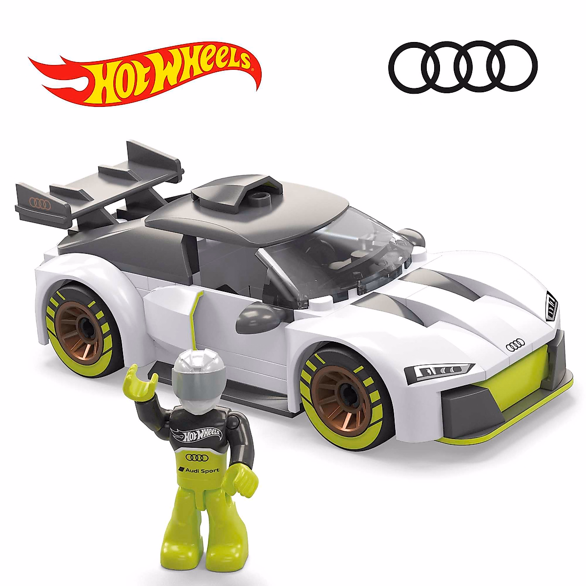 MEGA Hot Wheels Building Toy Race Car Playset, Audi R8 LMS GT2 with 73 Pieces, 1 Micro Action Figure Driver, White, Gift Ideas for Kids Age 5+ Years