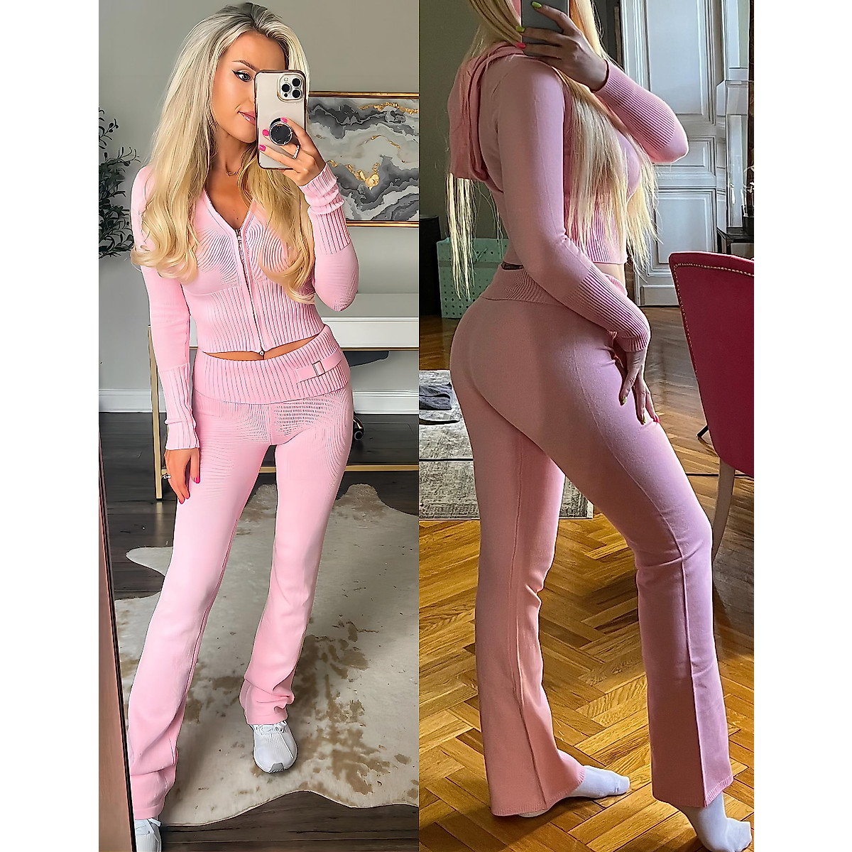 Springrain Women Sweater Sets 2 Piece Lounge Sets Ribbed Zip Hoodie Knitted Outfits(Pink-S)