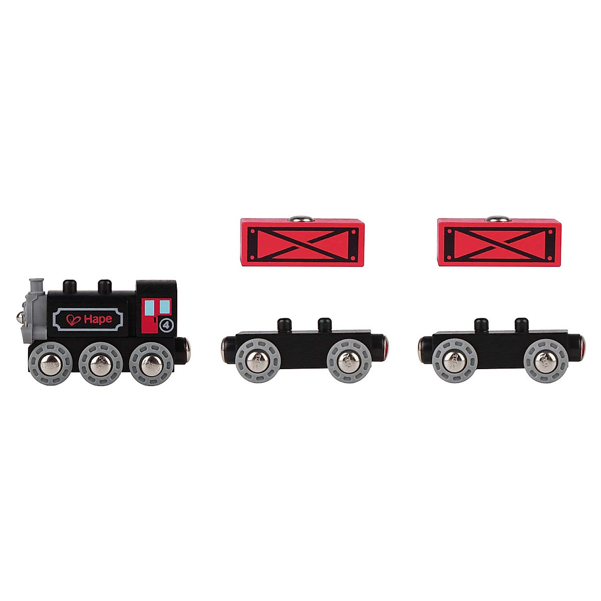 Hape Steam-Era Freight Train | Classic Black & Red Children’s Locomotive Toy with Unloadable Freight Wagons